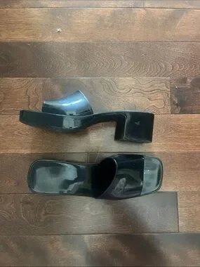 Shoes | Black Gloss Slide Sandal With Block Heel | Poshmark